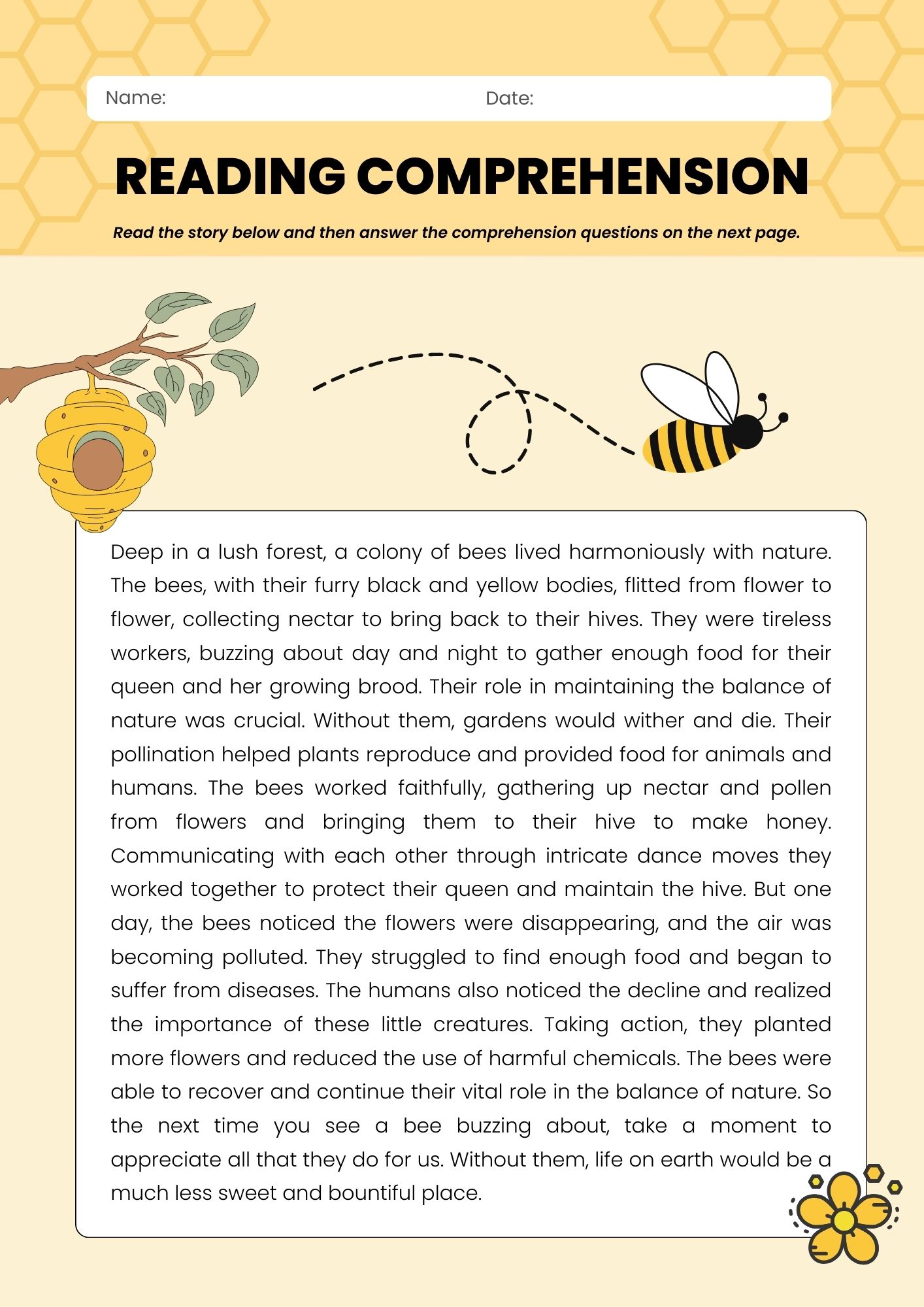 Bee Reading Comprehension Worksheets - English Stuffs