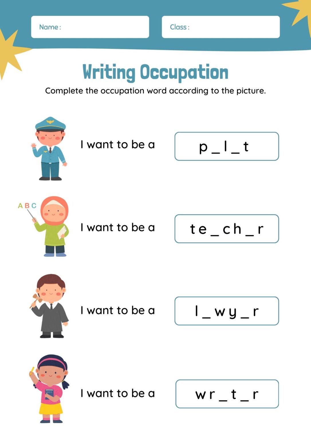 Writing Occupation Complete Words According To Pictures - English Stuffs